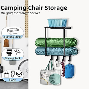 Camping Chair Storage, Metal Camping Chair Holder for Garage with 4 Hooks, Beach Chair and Umbrella Wall Storage Rack, Black