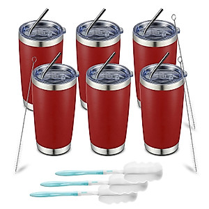 COMOOO 20oz Double Wall Vacuum Insulated Travel Mug, Stainless Steel Tumbler with Lid and Straw Durable Powder Coated Insulated Coffee Cup for Cold & Hot Drinks (Red, 6 PACK)