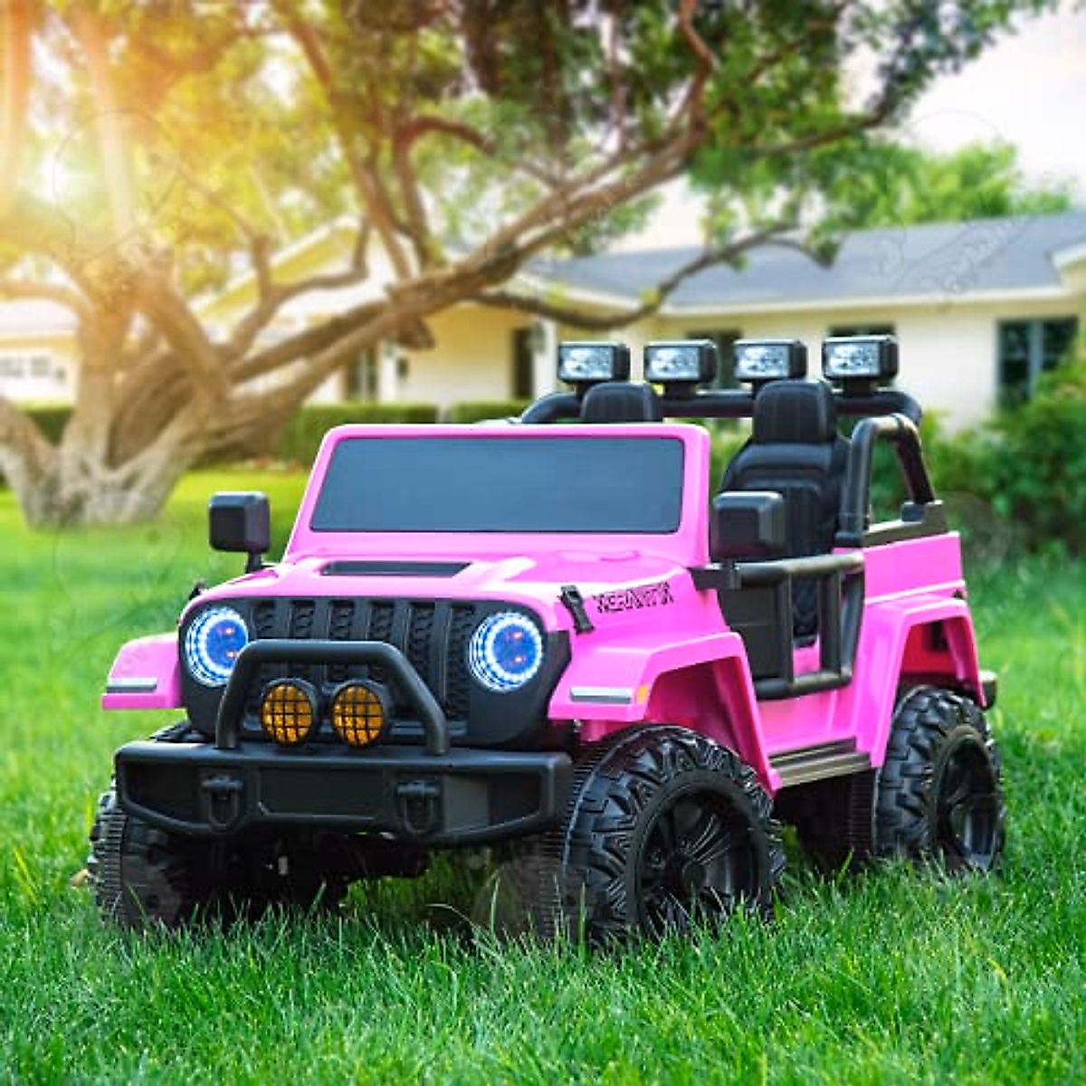 Joywhale 24V 2 Seater Kids Ride on Car Truck 4WD Battery Powered Motorized Easy-Drag Truck, with 4x75W Powerful Engine, Soft Braking, Remote Control, Suspension & Free Car Cover, 2023 New Model, Pink