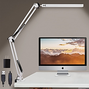 LED Desk Lamp, Adjustable Swing Arm Desk Light with Clamp, 3 Modes &10 Brightness, Study Clamp Light for Architect Kids, Memory Function, Bright Desk Lamps for Home Office Read Room Desktop, White-14W