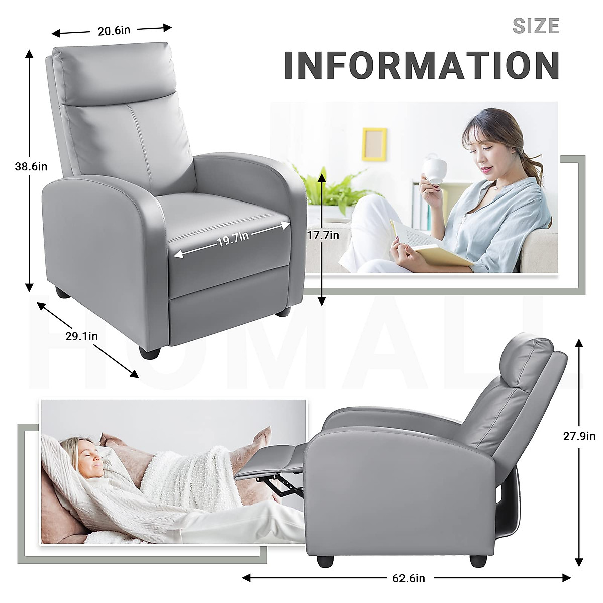 Homall Recliner Chair, Recliner Sofa for Adults, Recliners Home Theater Seating with Lumbar Support, Reclining Sofa Chair for Living Room (Leather, Grey)