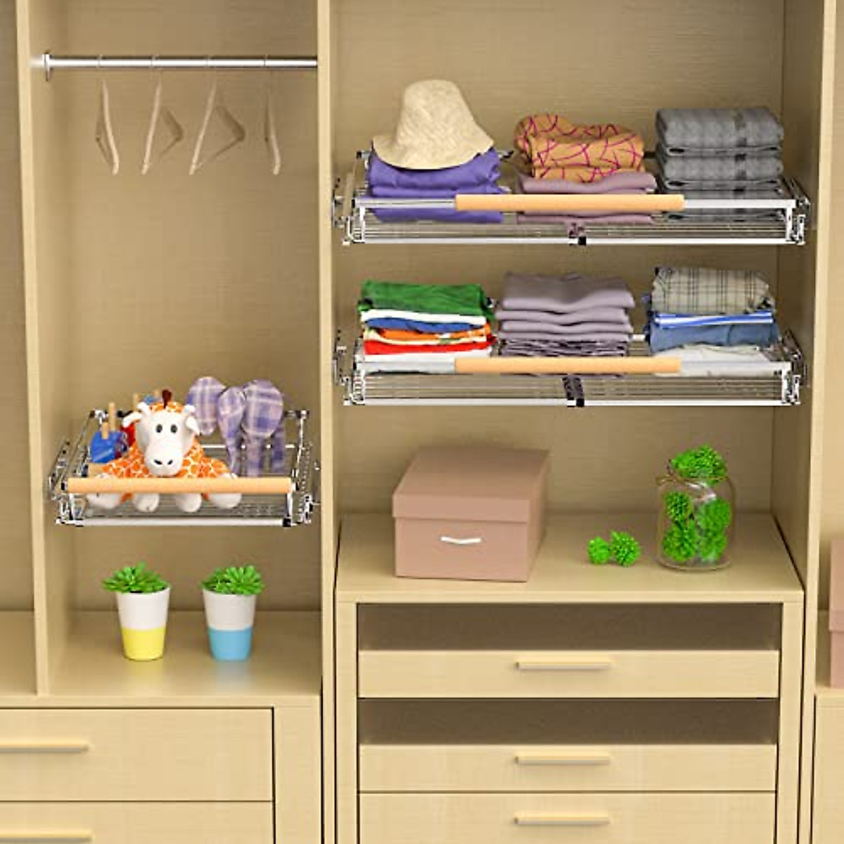 WEJIPP Expendable Pull Out Cabinet Organizer Slide Out Kitchen Cabinet Storage Shelves Heavy Duty Stainless Steel Shelf Holder for Under Sink Pantry Closet Under Cabinet, 2 Packs