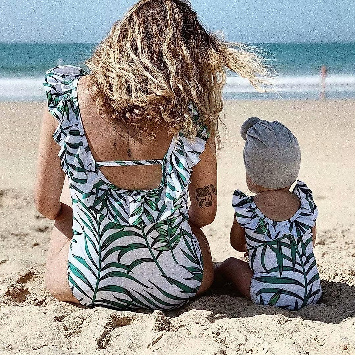 IFFEI Mommy and Me Swimsuit One Piece Leaves Printed Ruffle V Neck Bathing Suits Family Matching Swimwear Green Women: M