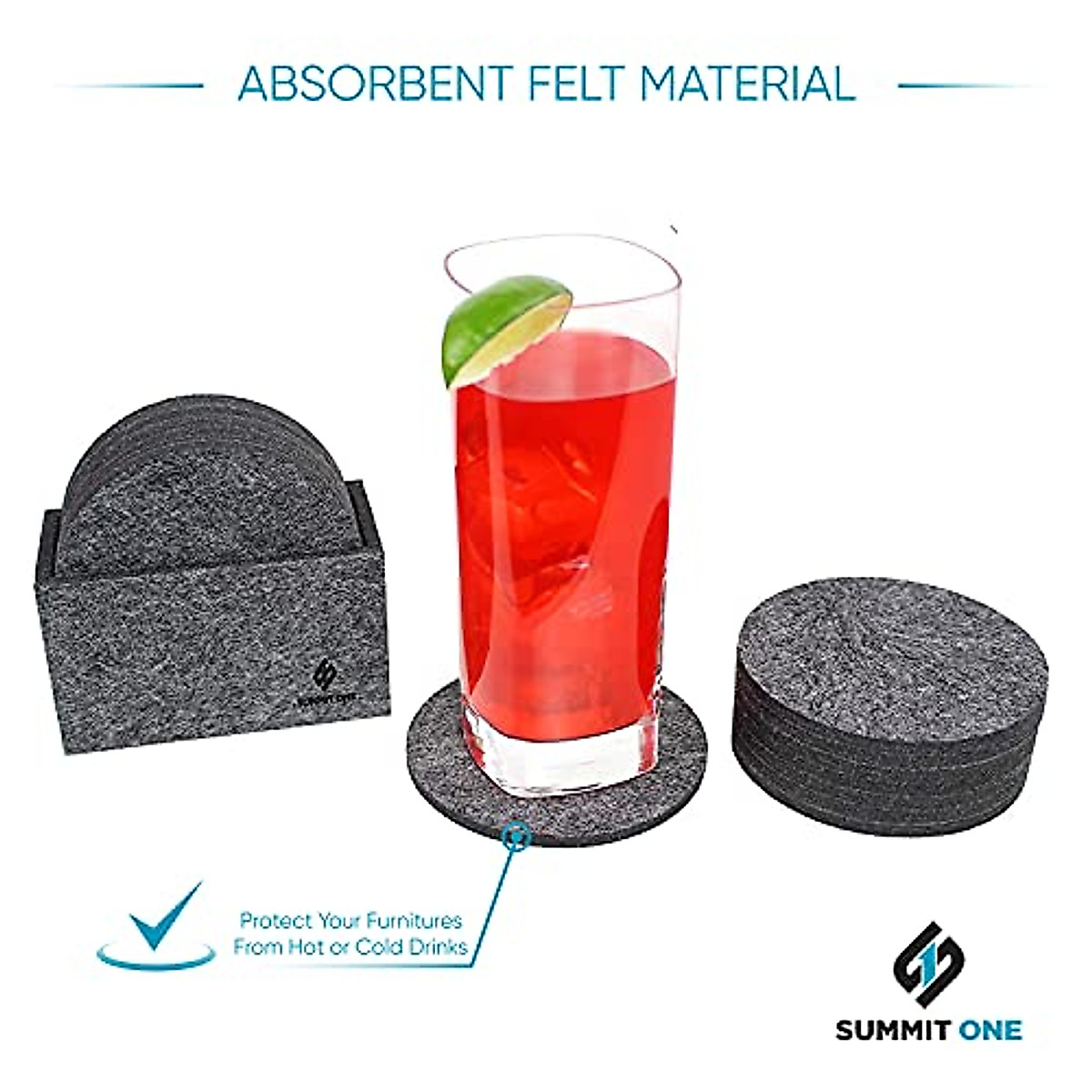 Summit One Premium Coasters for Drinks, Set of 10 (4 x 4 Inch, 5mm Thick) - Bar Accessories for The Home bar Set, Absorbant Coasters, Felt Drink Coasters The Ideal Man cave Accessories