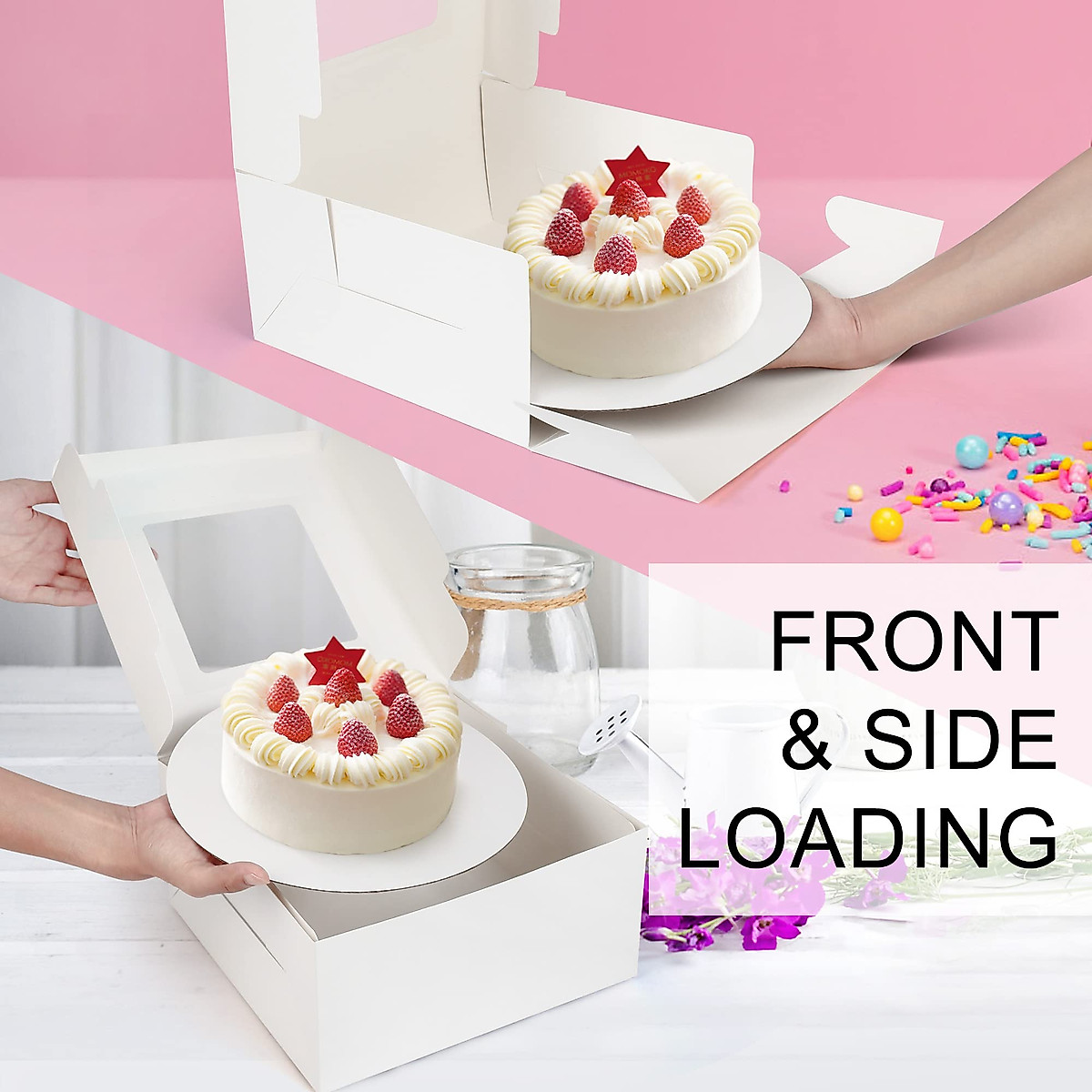 LotFancy 15 Sets Cake Boxes, 10 x 10 x 5 Inch White Bakery Boxes with Cake Boards, Disposable Cake Carrier with Window for Pie, Donut, Cookie, Pastry