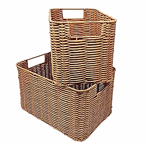 KOVOT Storage Woven Baskets Wicker Storage | Set of 2 Poly-Wicker Storage Baskets with Built-in Carry Handles | Laundry Storage Pantry Baskets Woven Polypropylene | 12"L x 8"W x 7"H & 11"L x 7"W x 7"H