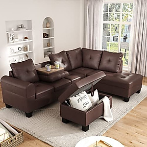 AWQM Upholstered Sectional Sofa w/Chaise Lounge, Modern L Shaped Sofa Couch with Storage Ottoman Bench, PU Leather Sectional Couches with Cup Holder for Living Room Small Space