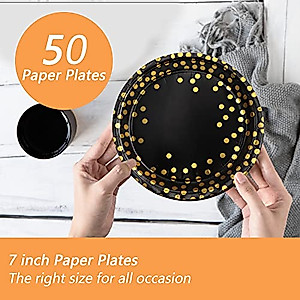 Birthdayparties Black and Gold Paper Plates 7 inch, Foil Polka Dots Disposable Paper Plates Golden Dots Party Supplies Plates 50 Pack