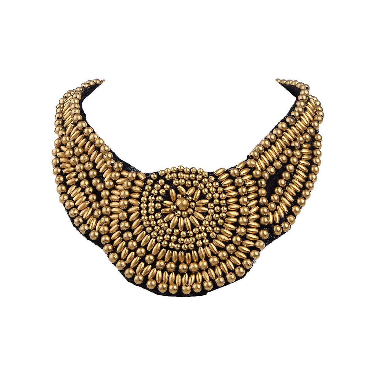 Alilang Tribal Ethnic Golden Beaded Bib Aztec Sun Scallop Edge Statement Necklace