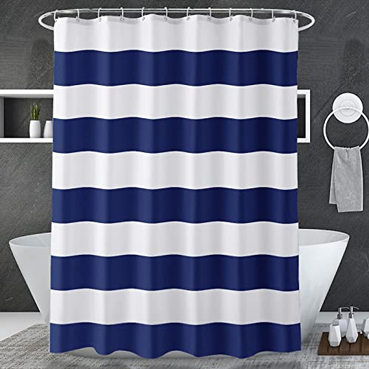 AmazerBath Navy Blue Shower Curtain Stripes, 72" W x 72" H Blue and White Shower Curtain, Fabric Shower Curtain for Bathroom, with 2 Heavy Stones