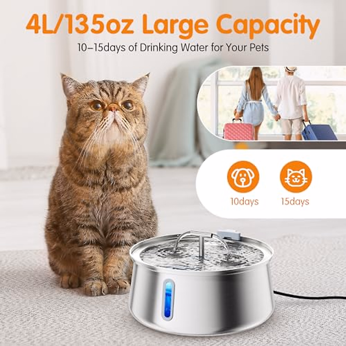 PONOSIR Cat Water Fountain Stainless Steel, 4L/135oz Dog Water Bowl Dispenser, Ultra-Quiet Large Automatic Pet Water Fountains for Cats and Dog Indoor Drinking with Water Level Window