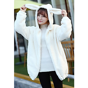 Women Bunny Ears Hoodie Fluffy Bunny Sweatshirt Top Coat Long Sleeve Kawaii Clothes Cute Hoodies Jacket (Bunny White)
