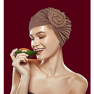 keland 3 Pieces African Pattern Women Turbans Hats Flower Knot Headwrap Pre-Tied Cap (Black&White&Camel)