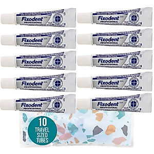 Fixodent Travel Sized/Pocket Sized Professional Denture Adhesive Cream Tubes, TSA-Approved Travel Sized Denture Adhesive with 1 Spark Dental Travel Zipper Pouch (Pack of 10 Tubes)