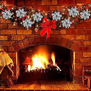 Vanleonet 12 PCS Christmas Glitter Artificial Poinsettia Flowers, Christmas Flowers Decorations, Glitter Poinsettia Tree Ornaments for Christmas Wreath Wedding Xmas Tree New Year Decorations