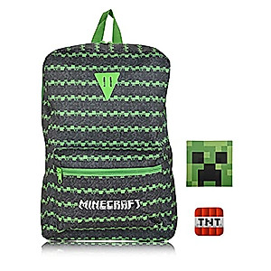 Minecraft 3 Piece Backpack Set - Backpack, Sticker, Pin - Boys Girls Kids Adult Allover Creeper Backpack School Set (Black Green)