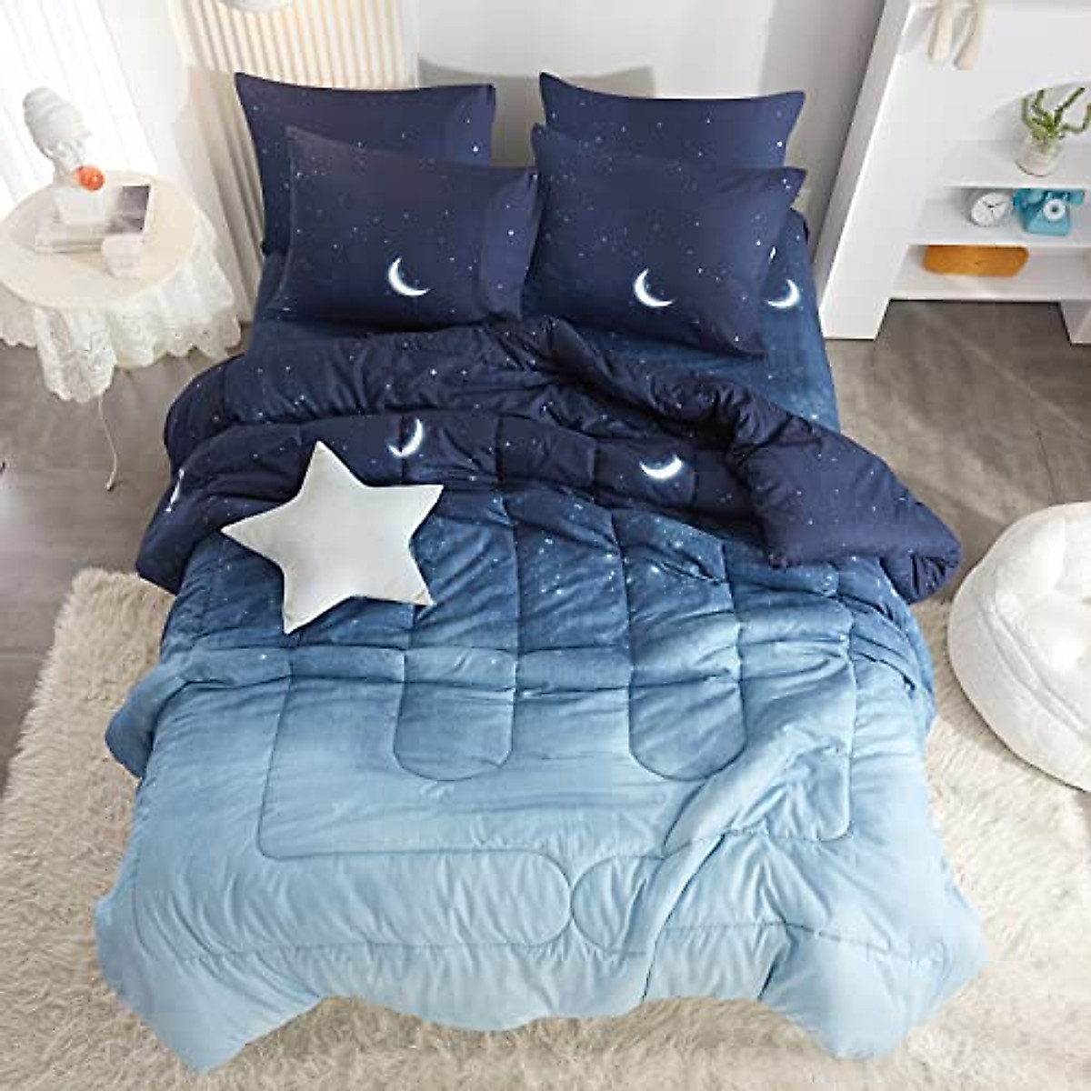 HYPREST Bed in A Bag Queen Comforter Set with Sheets - 7 Pieces Queen Teen Comforter Sets for Girls Boys, Monn Star Blue Bedding Comforter Sets Super Soft Lightweight Breathable(Oeko-Tex Certified)