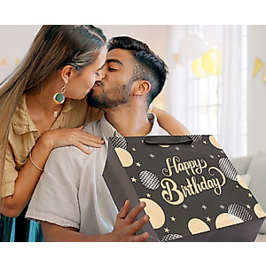 U'COVER 13" Black Happy Birthday Gift Bags Medium Size for Men Gold & Silver Foil Polka Dots Gift Bag with Handles for Father Husband with Card & Tissue Paper (Black & Golden)