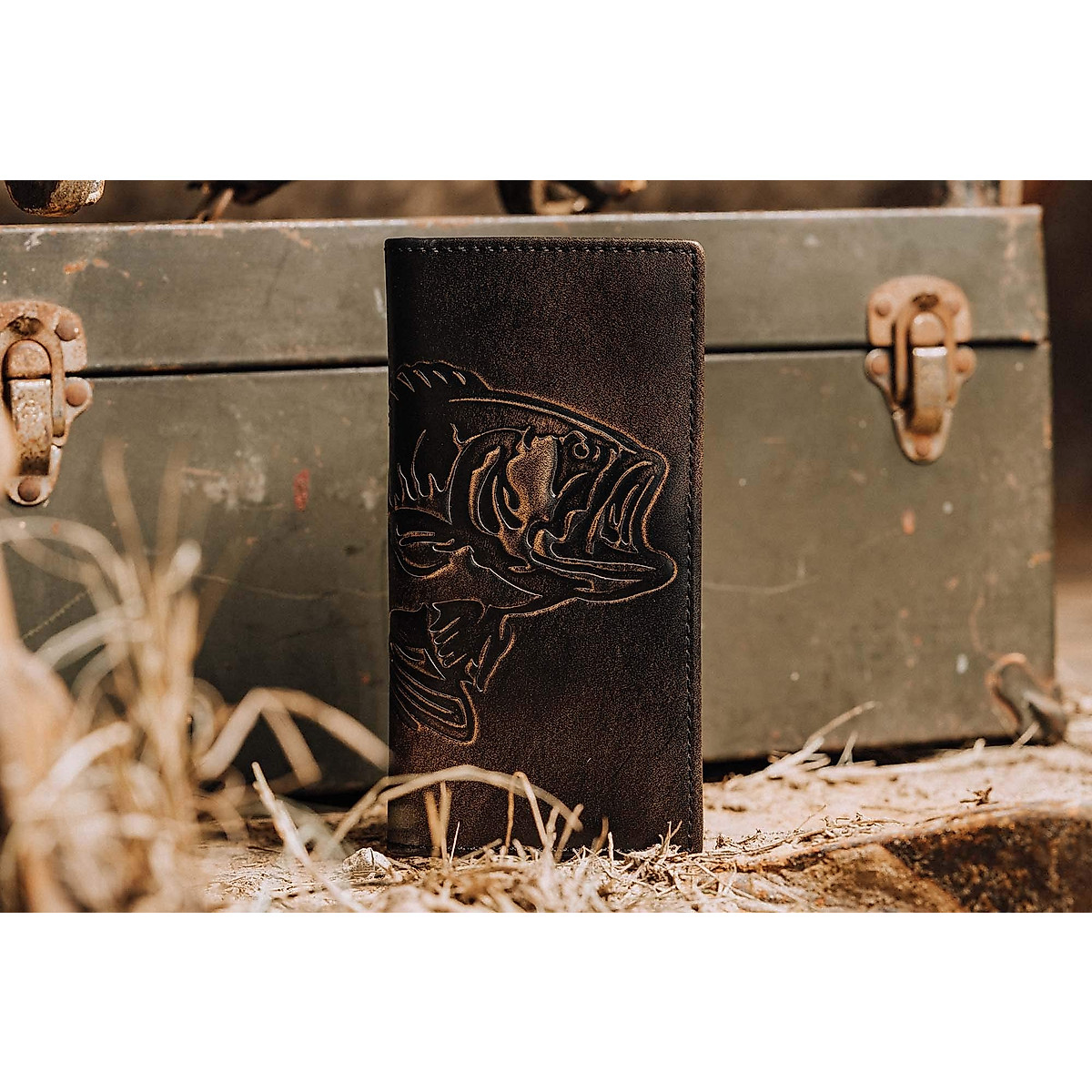 House of Jack Co. BASS FISH Long Wallet For Men | Full Grain Leather with Hand Burnished Finish | Long Bifold Wallet | Rodeo Wallet | Bass Fisherman Gift