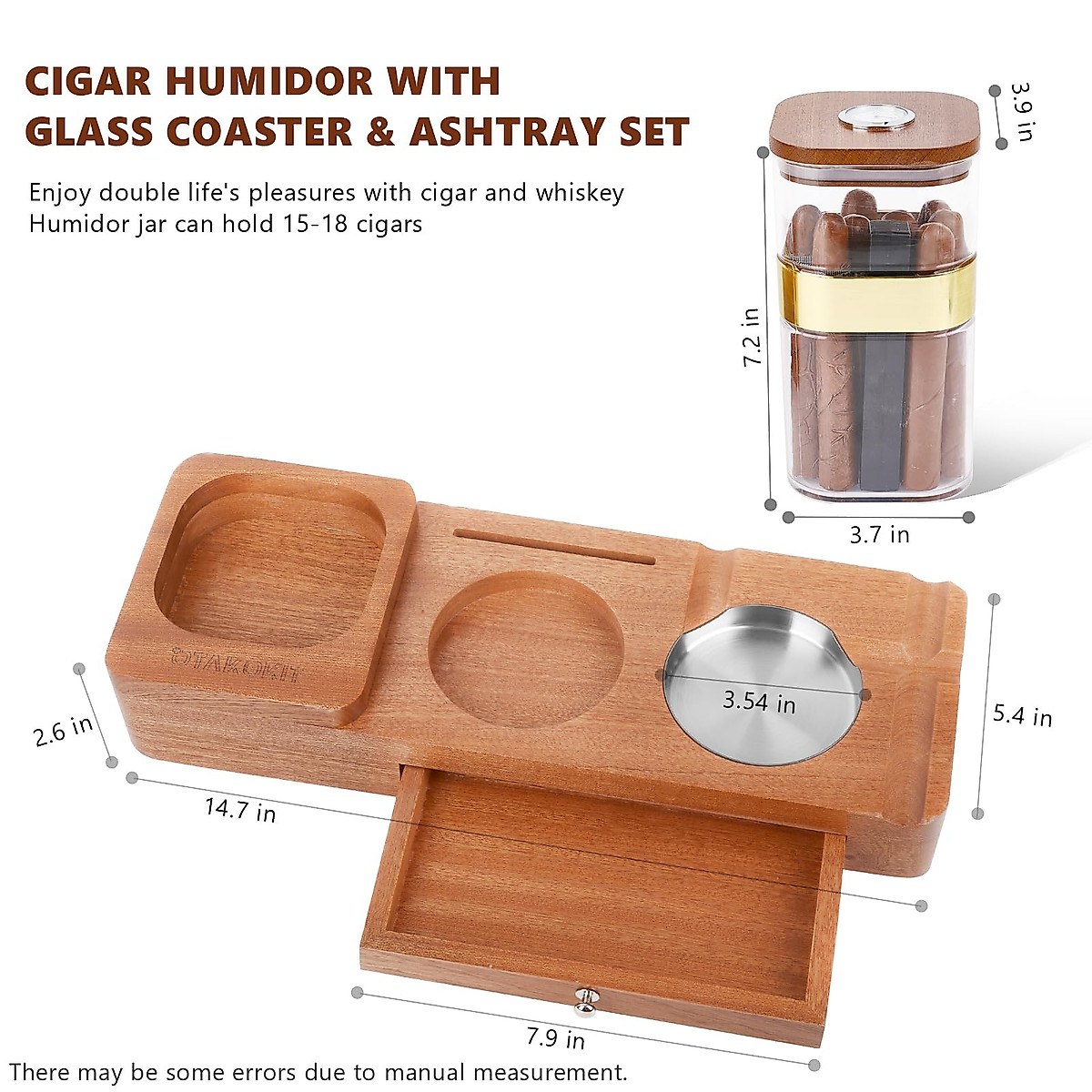 OTAKOKIT Cigar Humidor and Cigar Ashtray Set With Whiskey Coasters, Acrylic Cigar Jar, Humidifier, Drawer, Cigar Holder and Cigar Cutter, Cigar Accessories Decor, Personalized Cigar Gifts for Men