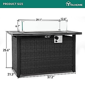 YITAHOME 42in 50,000 BTU Outdoor Propane Gas Fire Pit Table, CSA Approved Pull-Out Steel Tabletop PE Rattan Auto-Ignition Gas Firepit with Removable Lid, Glass Wind Guard, Glass Rock & Cover, (Black)