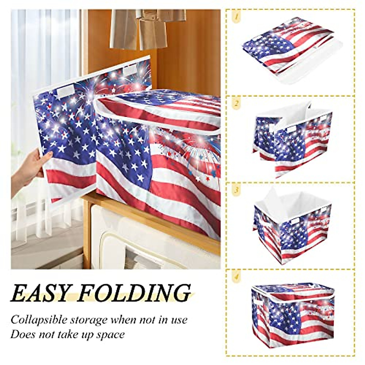innewgogo American Flag Firework Storage Bins with Lids for Organizing Large Collapsible Storage Bins with Handles Oxford Cloth Storage Cube Box for Car