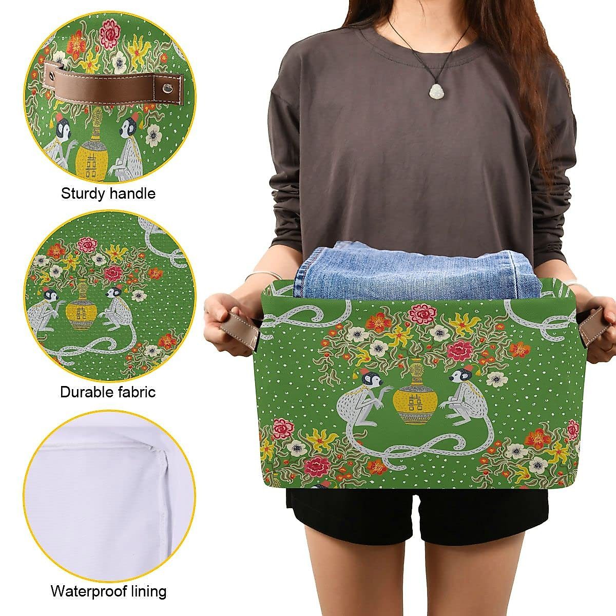 susiyo Large Foldable Storage Bin Tribal Elephants Storage Bins Collapsible Decorative Fabric Storage Baskets ,Green Chinoiserie Monkeys