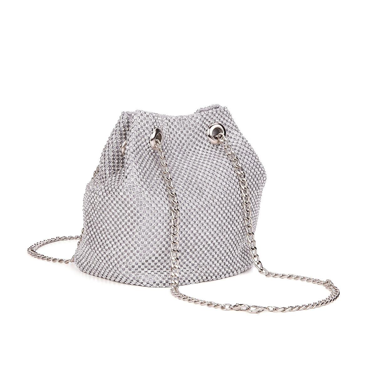 Olivia Miller Women's Fashion Round Pouch Evening Bag Silver Elegant Formal Crossbody Handbag Wedding Prom Party Purse w Mesh Dazzling Rhinestone
