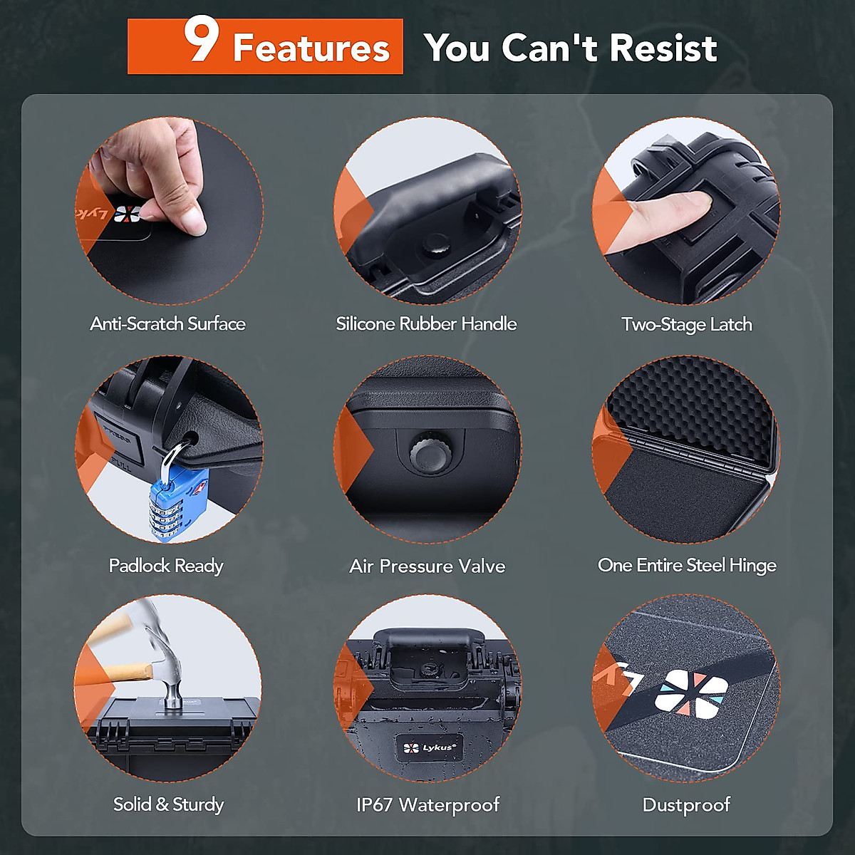 Lykus HC-4410 Waterproof Hard Case with Customizable Foam Insert, Interior Size 17.32x11.42x4.72 in, Suitable for Pistol, Laptop, Small Drone, Microphone, Action Camera, and More