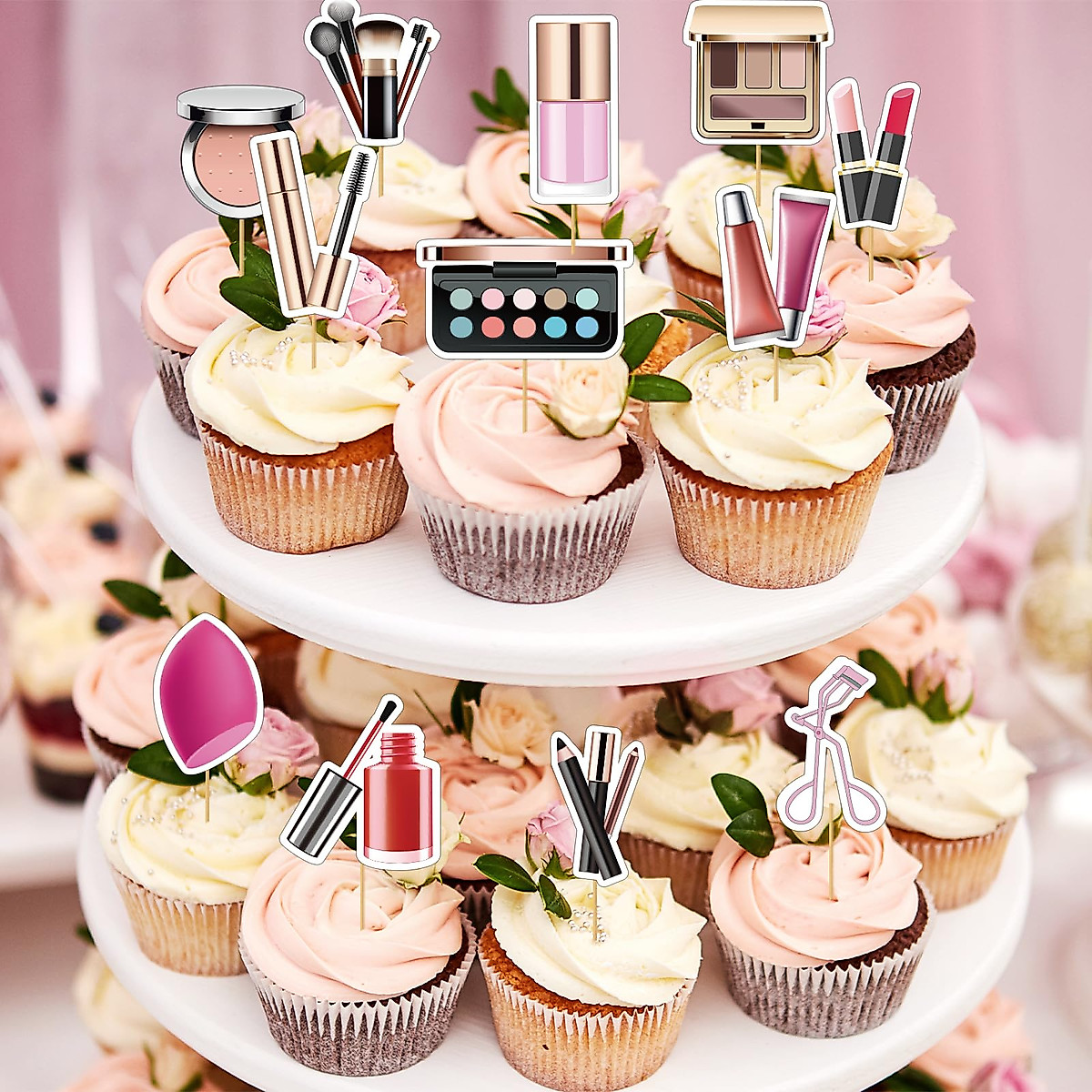 24PCS Makeup Cupcake Toppers - Makeup Cupcake Toppers for Girls Makeup Birthday Party Decorations Cosmetics Cake Toppers Make Up Party Supplies for Bridal Shower Cosmetics Party