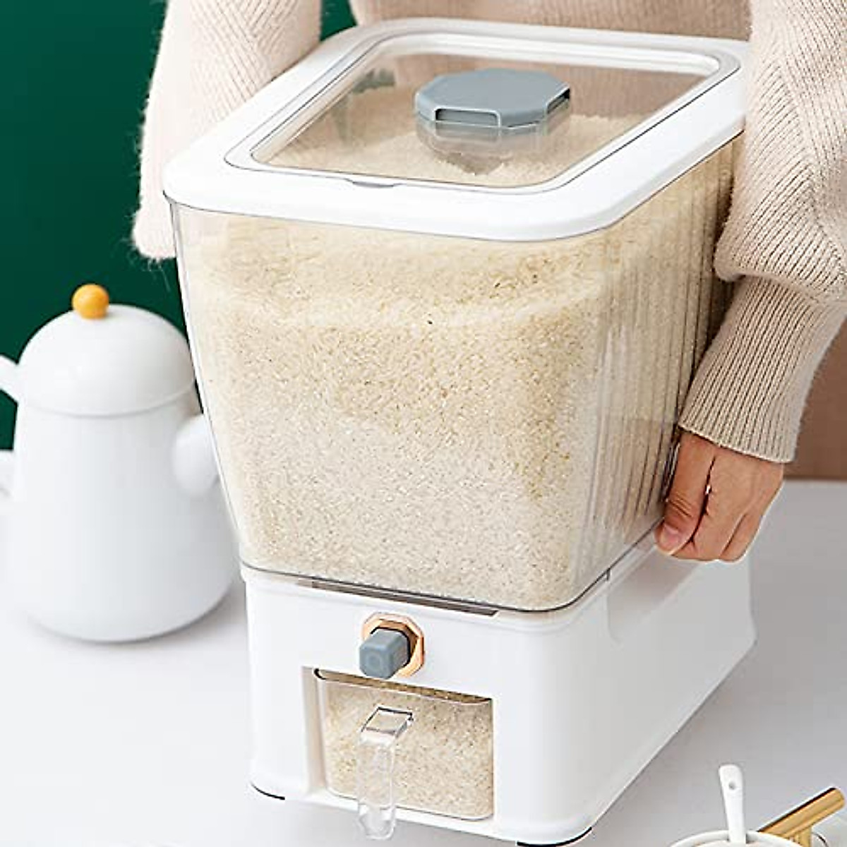 Grain Storage Box, 11kg Transparent Rice Storage Container One Button Press Rice Dispenser Sealed Dry Food Bucket for Home Kitchen (White) (Color : White)