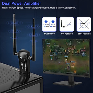 Wireless USB WiFi Adapter for PC, QGOO WiFi Adapter USB 3.0 AC1200 High Gain Dual 5dBi Antennas 802.11ac/a/b/g/n Dual Band 2.4GHz/300Mbps 5GHz/867Mbps for Windows 11/10/8.1/8/7