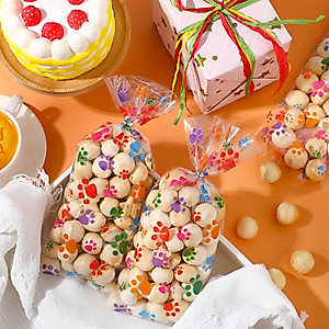 Blulu 100 Pieces Pet Paw Print Cone Cellophane Bags Heat Sealable Candy Bags Dog Paw Gift Bags Cat Treat Bags with 100 Pieces Silver Twist Ties for Pet Treat Party Favor (Colorful)