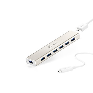 j5create USB Type-C to 7-Port USB 3.0 Data Hub with 3 ft Extended Cale [20W Power Adapter Included] for Mac, MacBook, Windows, Laptop, Surface, XPS, Chromebook, PC (JCH377)