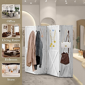 Leesinwing 4 Panel Pegboard Display, 5.6Ft Wood Room Dividers and Folding Privacy Screens, Peg Board Room Divider, Portable Display Board Organizer for Art, Jewelry, Crafts Display Racks, Off White