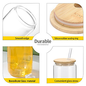 YOUKE OLA 20 Pack Glass Cups with Bamboo Lids and Glass Straw 16oz Beer Can Shaped Drinking Glasses Cups, Glass Tumbler Reusable Cute Cups for Whiskey, Iced Coffee, Tea, Soda, Cocktail, Gift, Clear