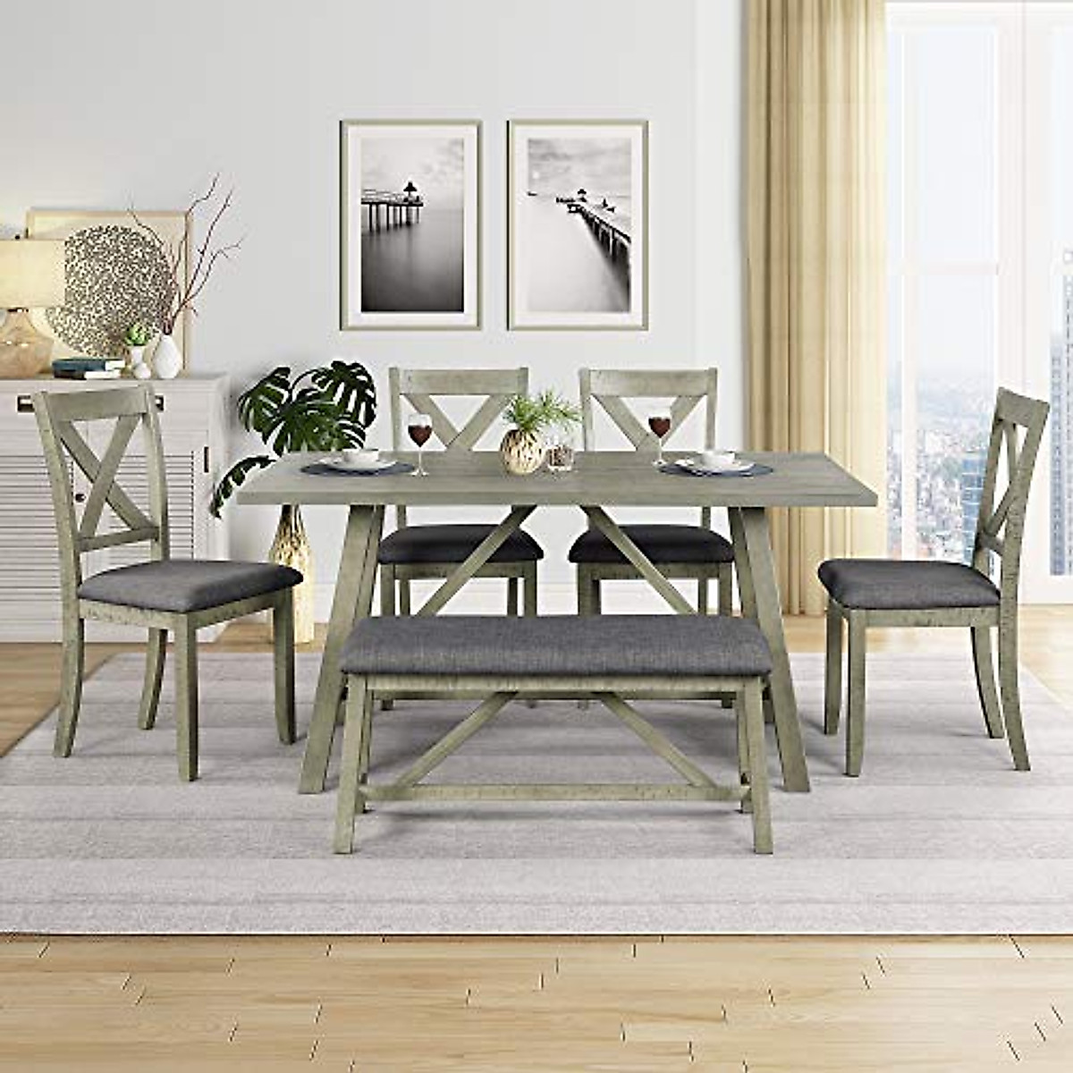 Merax 6-Piece Rustic Style Rectangular Wooden Dining Table Set with Padded Bench and 4 Chairs, Gray