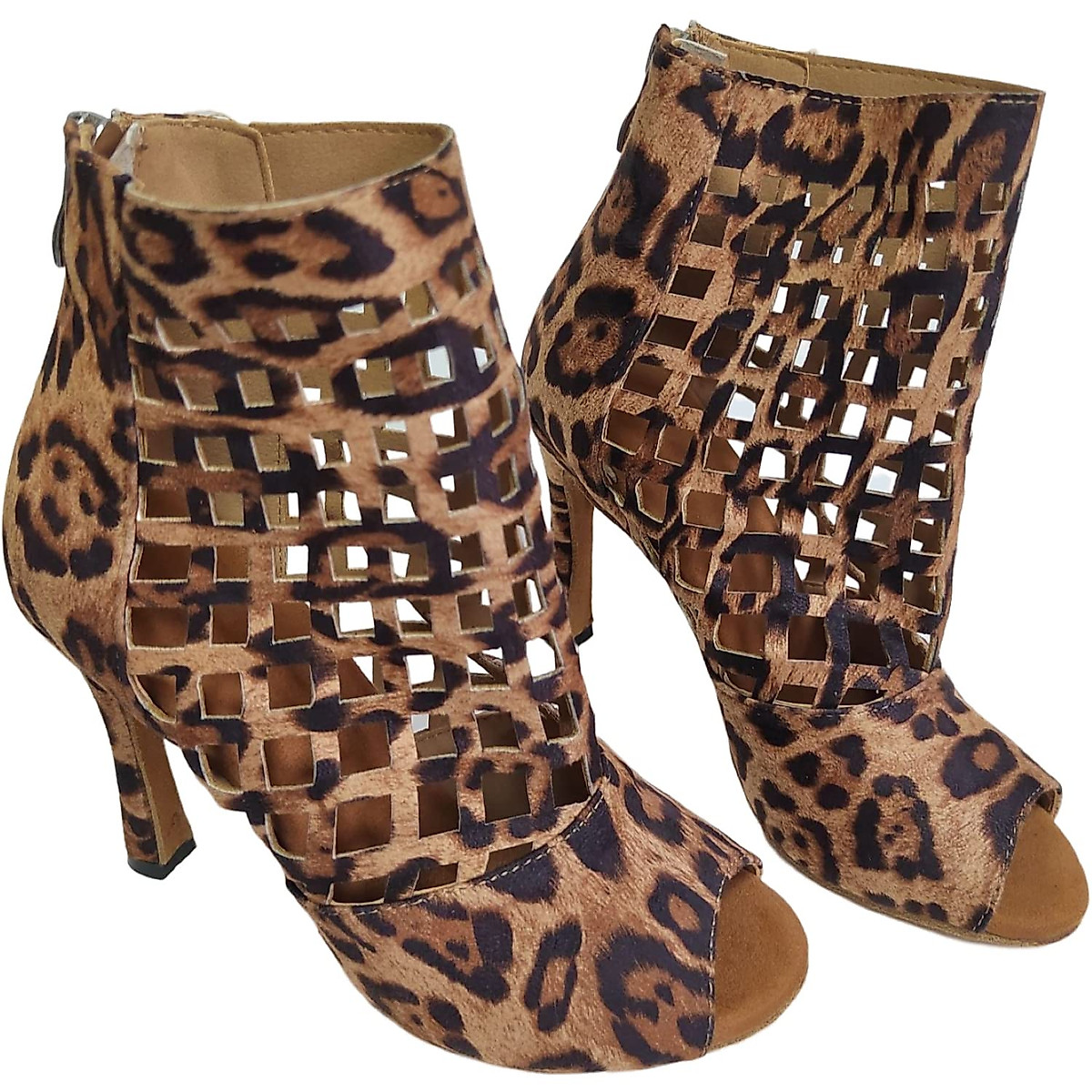 Beinimira Womens Hollow Out Latin Dance Shoes Peep Toe Mid Heel Leopard Boots Tango Latin Ballroom Chacha Leopard US 8.5