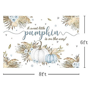 MEHOFOND 8x6ft Autumn Boho Little Pumpkin Backdrop for Boy Baby Shower Fall Leaves Pampas Grass Thanksgiving Blue White Floral Background for Photography Party Decorations Banner Photo Booth Props