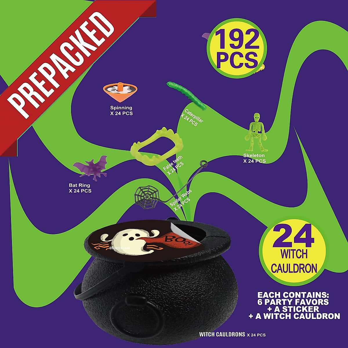 192PCS Halloween Party Favors 24 Packs Refilled Small Plastic Witch Cauldron With Assorted Halloween Toys In Bulk Trick or Treat Miniatures for Classroom Students Exchange Halloween Carnival Prizes