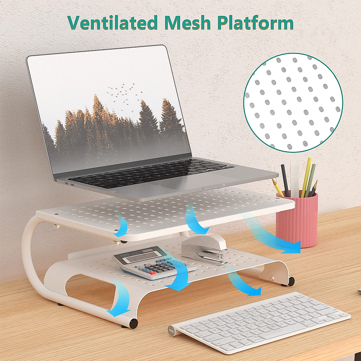 WALI Monitor Stand Riser, Desk Organizer with 2 Tiers Storage Shelf, Vented Metal Design for Laptop, Computer Monitor and Printer (STT001BW), 1 Pack, White