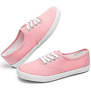 Womens White Canvas Sneakers Low Top Lace-up Canvas Shoes Lightweight Casual Tennis Shoes(Pink.US7)