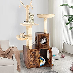 Timberer Litter Box Enclosure with Cat Tree, Wooden Cat House with Cat Tree Tower, Hidden Cat Litter Box Furniture with Scratching Post, Modern Cat Condo, Rustic Brown