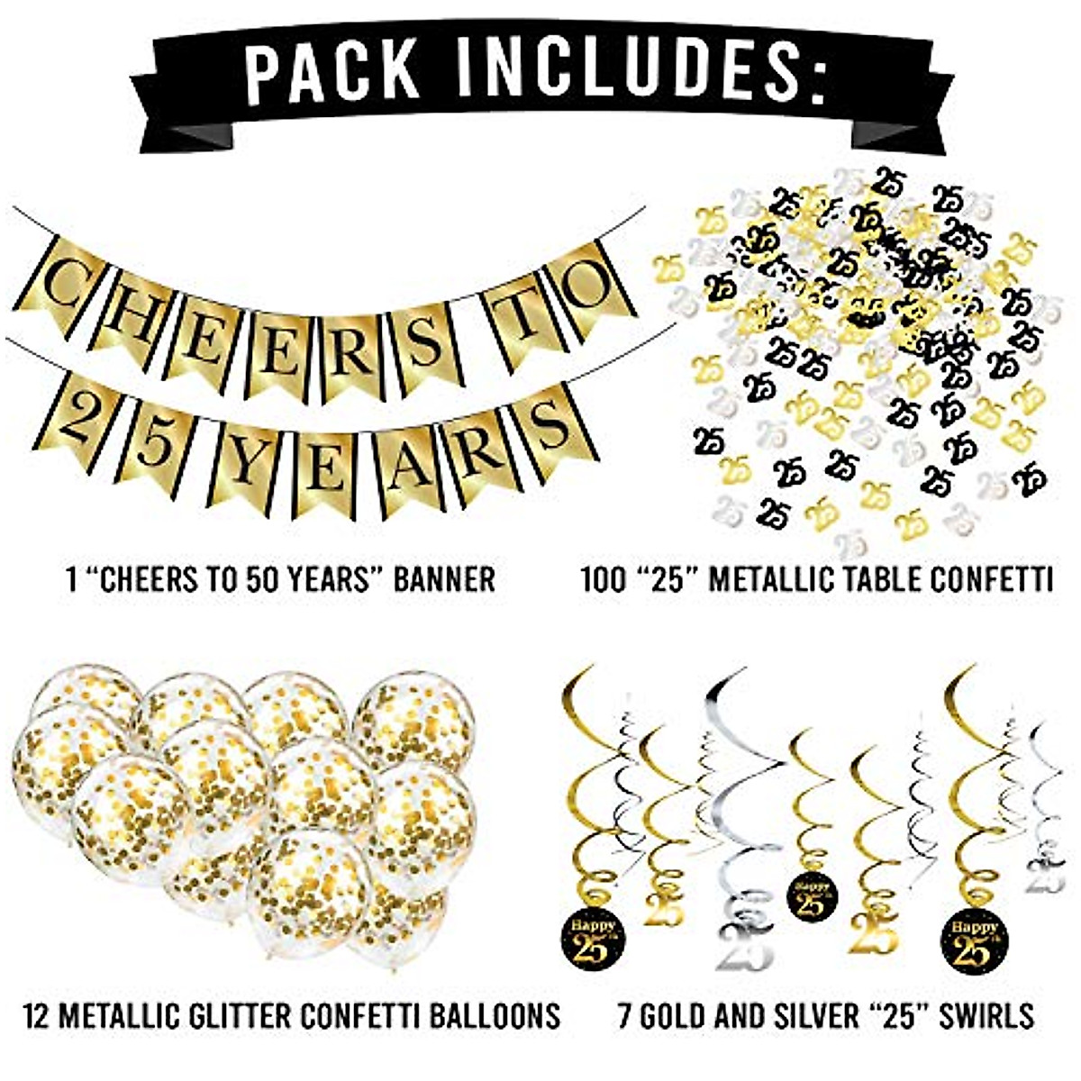 25th Birthday Party Decorations and Anniversary Pack - Cheers to 25 Years Banner, Balloons, Swirls and Confetti Party Supplies