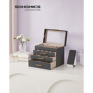 SONGMICS Jewelry Box with Glass Lid, 4-Layer Jewelry Organizer, 3 Drawers, for Sunglasses, Big Jewelry, Jewelry Storage, Modern Style, Gray and Gold Color UJBC161C01