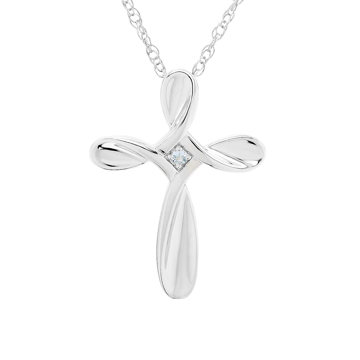 .925 Sterling Silver Birthstone Looped Cross Pendant Necklace - 18" Box Chain - March Aquamarine