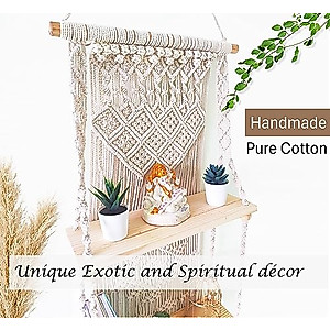 Induslyfe Macrame Wall Hanging Shelf Tier 3 Boho Hanging Wall Decor Boho Shelf Wall Decor Plant Rack Shelf, Boho Bookshelf Wall White Hanging Shelf Woven Rope for Boho Bathroom decor Bedroom Bookshelf