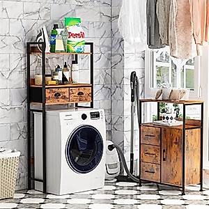 Furnulem Over The Toilet Storage Cabinet with 2 Drawers, 3-Tier Bathroom Organizer Space Saver Rack Wood Shelf, Floor Mount Above Toilet,Freestanding with Adjustable Feet (Rustic Brown)