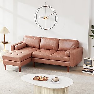 Tbfit 80"W Sectional Sofa Couch, L Shaped Couch with Reversible Chaise, Mid Century Modern Faux Leather Couches for Living Room Apartment Small Space, Convertible Sofa with Tufted Seat Cushion, Brown