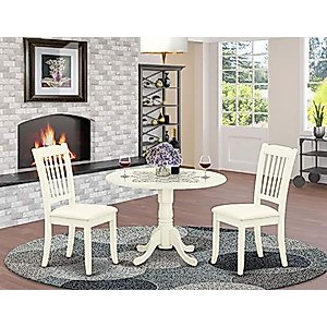 East West Furniture DLDA3-WHI-C 3Pc Dinette Set Includes a Rounded Kitchen Table with Drop Leaves and Two Vertical Slatted Linen Fabric Seat Dining Chairs, White Finish, 3